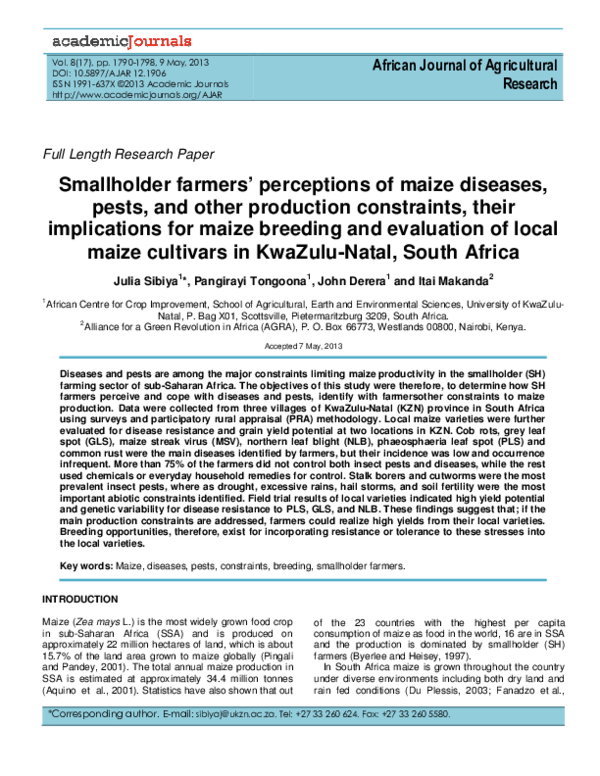 (PDF) Smallholder farmers’ perceptions of maize diseases, pests, and other production ...