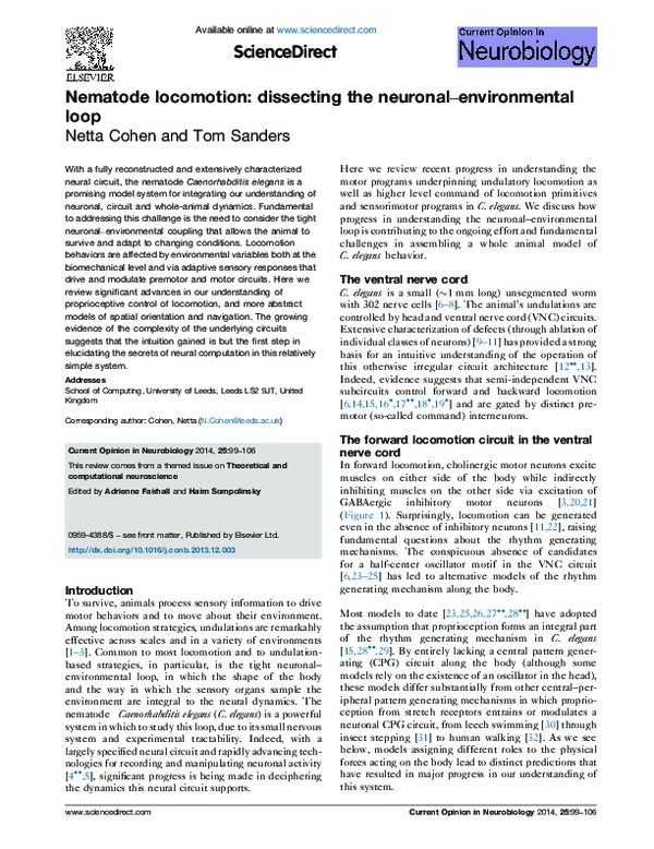 (PDF) Nematode locomotion: Dissecting the neuronal-environmental loop