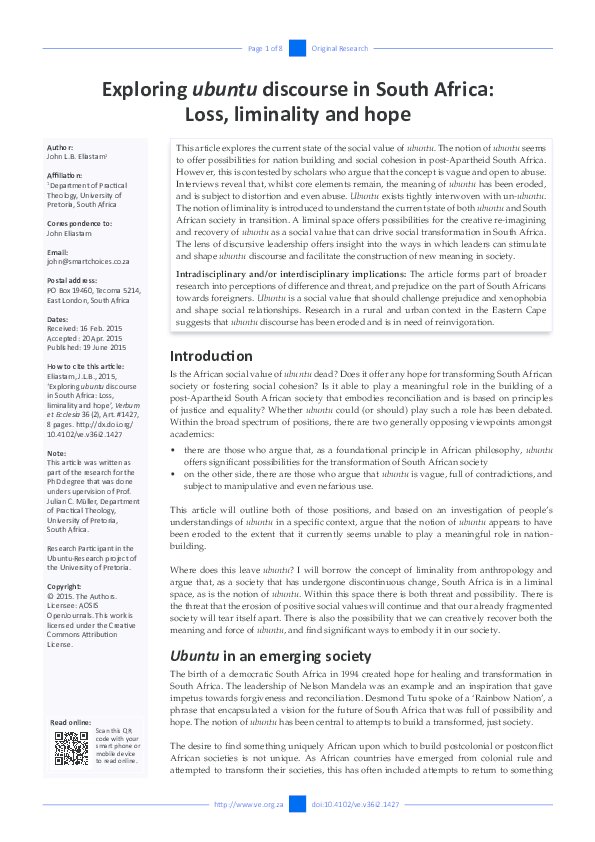(PDF) Exploring Ubuntu Discourse in South Africa: Loss, Liminality and Hope
