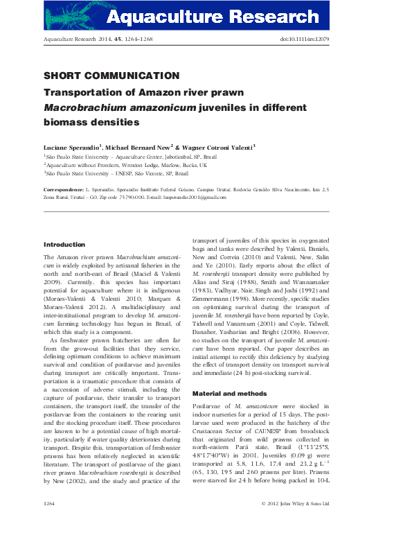 (PDF) Transportation of Amazon river prawn Macrobrachium amazonicum ...