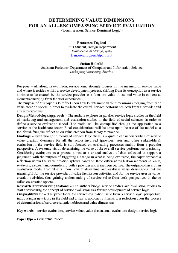 (PDF) DETERMINING VALUE DIMENSIONS FOR AN ALL-ENCOMPASSING SERVICE ...