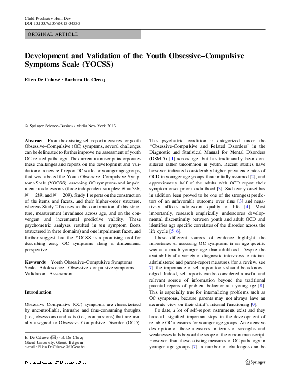 (PDF) Development and Validation of the Youth Obsessive–Compulsive Symptoms Scale (YOCSS)