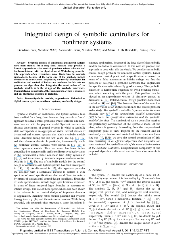 Pdf Integrated Design Of Symbolic Controllers For Nonlinear Systems