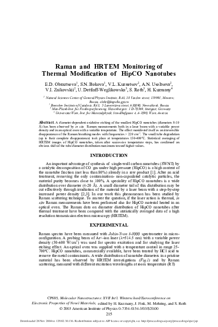 (PDF) Raman and HRTEM Monitoring of Thermal Modification of HipCO ...