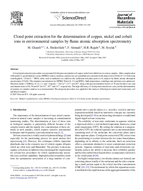 Pdf Cloud Point Extraction For The Determination Of Copper Nickel And Cobalt Ions In