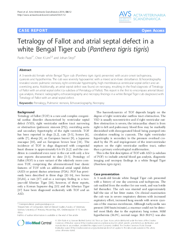 (PDF) Tetralogy of Fallot and atrial septal defect in a white Bengal ...