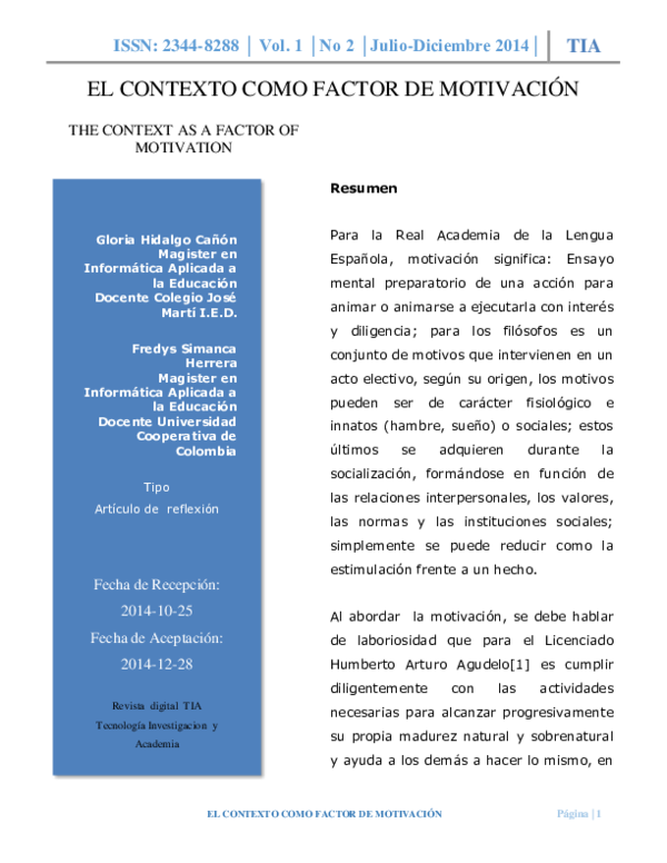 (PDF) EL CONTEXTO COMO FACTOR DE MOTIVACIÓN | Gloria Mireya Hidalgo ...