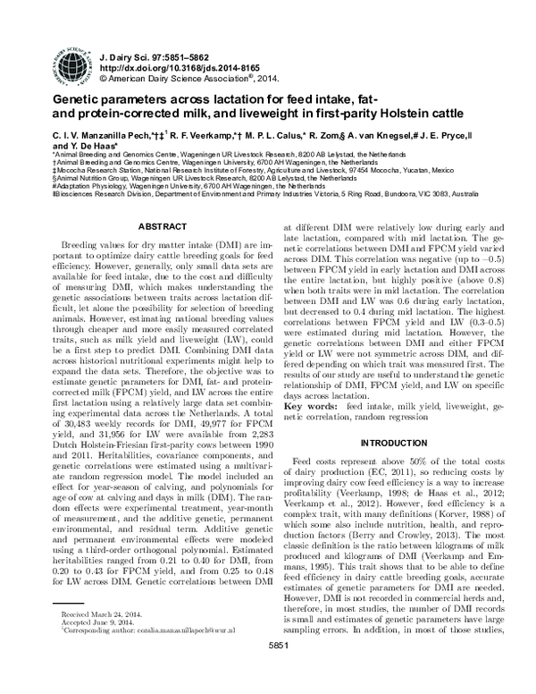 (PDF) Genetic parameters across lactation for feed intake, fat- and protein-corrected milk, and ...