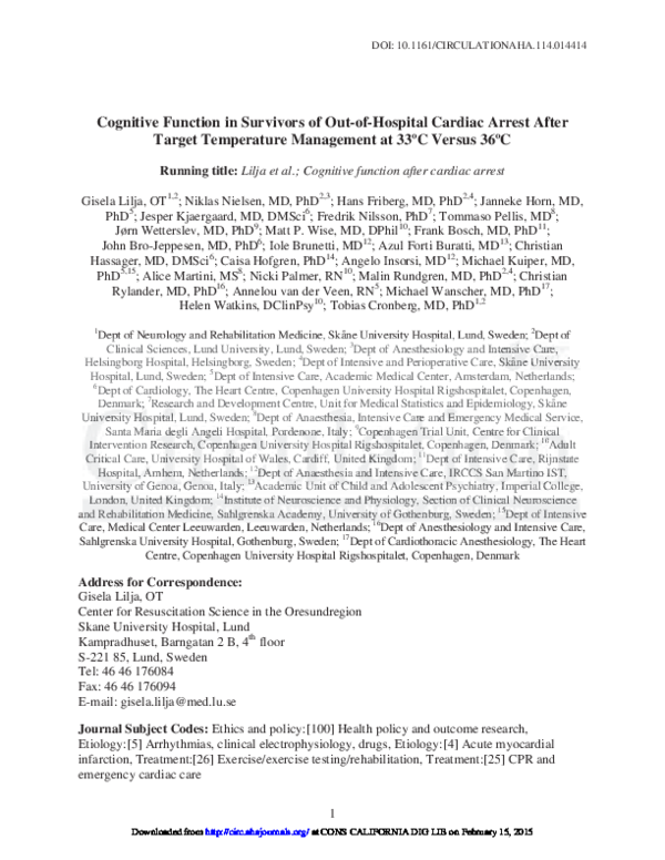 (PDF) Cognitive Function in Survivors of Out-of-Hospital Cardiac Arrest ...