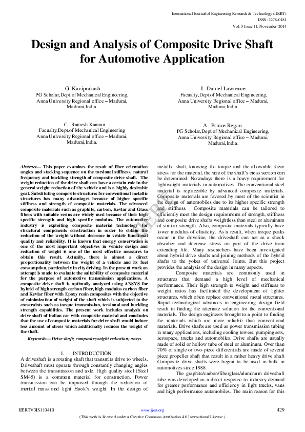 Pdf Design And Analysis Of Composite Drive Shaft For Automotive Application