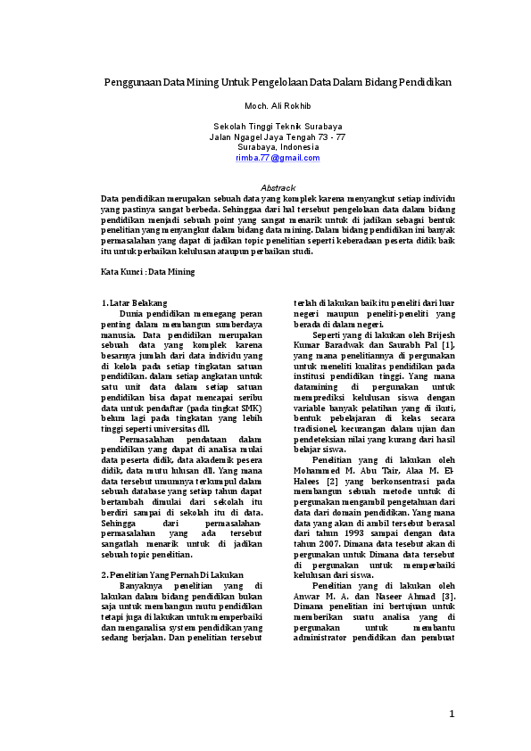 (PDF) Penggunaan Data Mining Untuk Pengelolaan Data Dalam Bidang Pendidikan