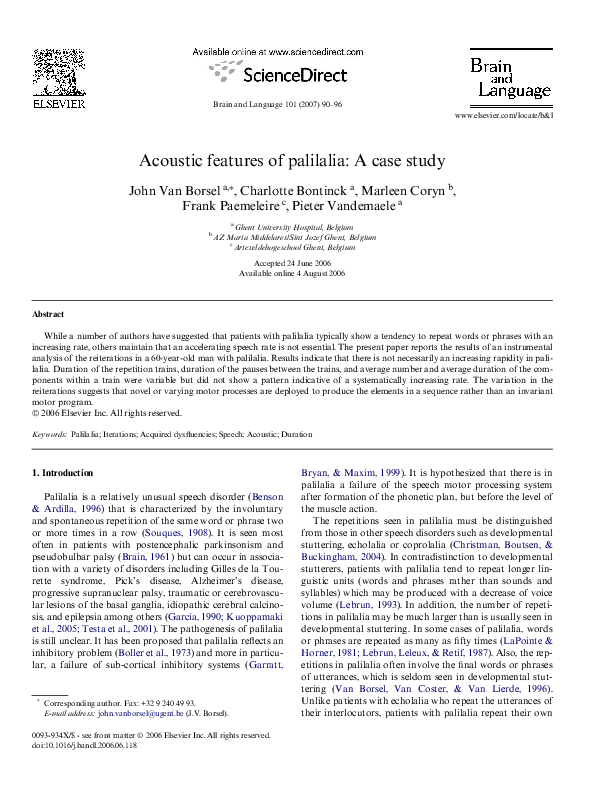(PDF) Acoustic features of palilalia: A case study | Pieter Vandemaele ...