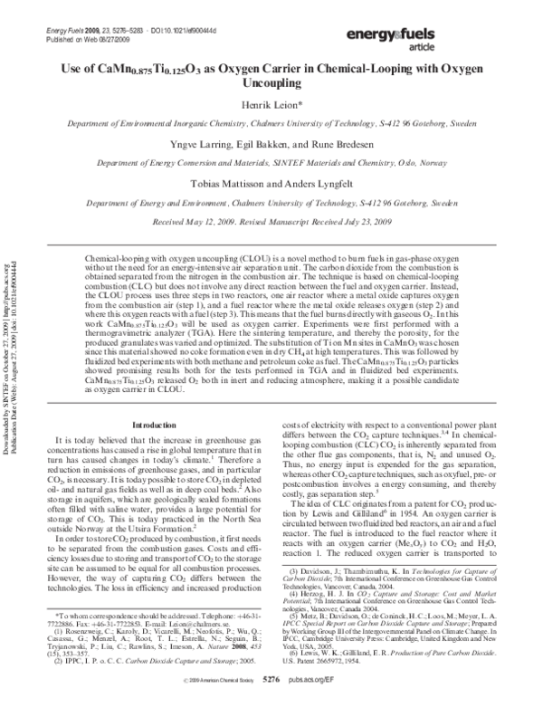 (PDF) Use of CaMn 0.875 Ti 0.125 O 3 as Oxygen Carrier in Chemical-Looping with Oxygen Uncoupling