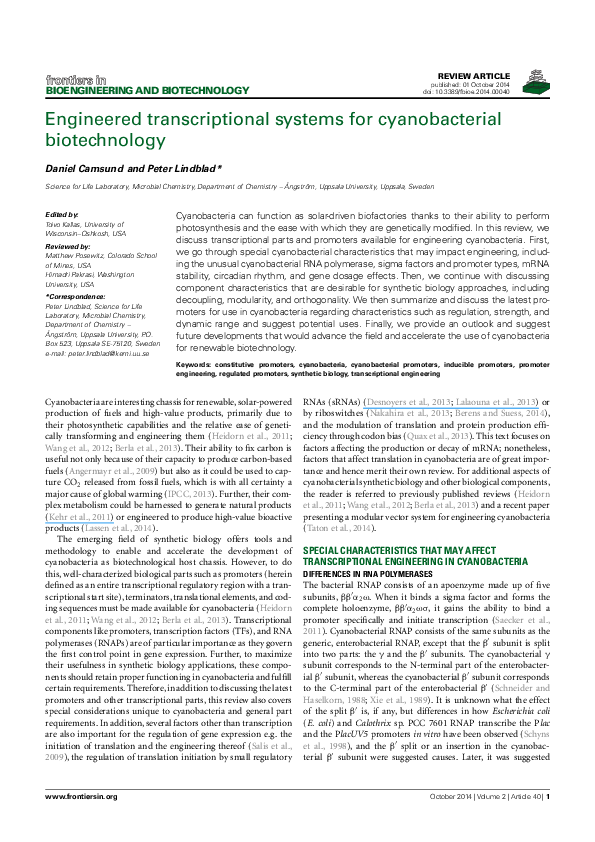 (PDF) Engineered transcriptional systems for cyanobacterial biotechnology