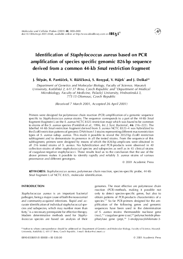 Pdf Identification Of Staphylococcus Aureus Based On Pcr Amplification Of Species Specific