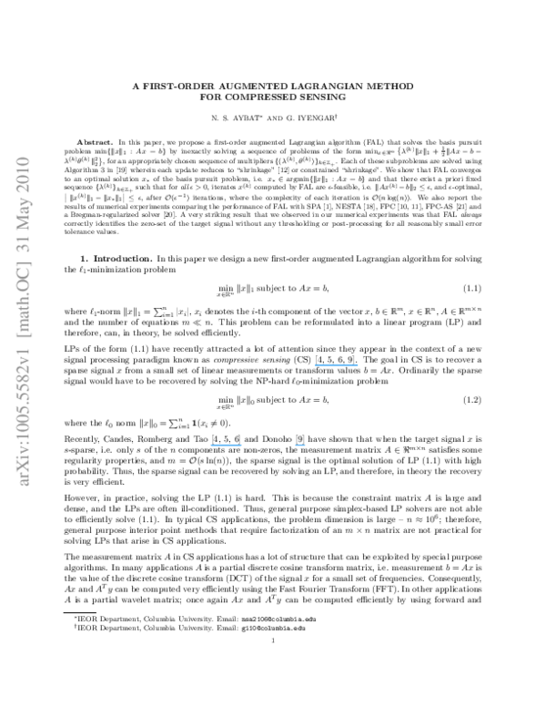 Pdf A First Order Augmented Lagrangian Method For Compressed Sensing