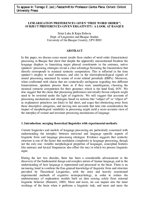 (PDF) Linearization preferences given “Free Word Order”; subject preferences
