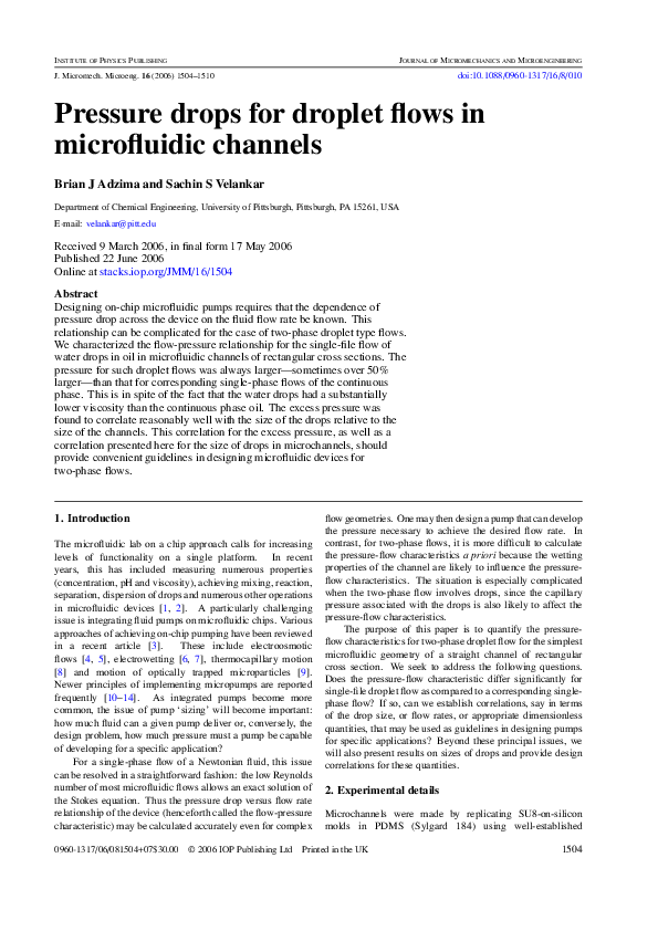 (PDF) Pressure drops for droplet flows in microfluidic channels | Brian Adzima - Academia.edu