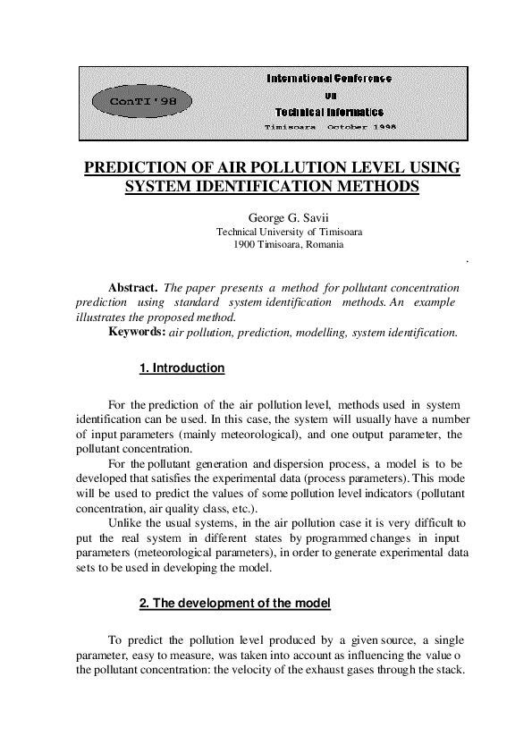 (PDF) PREDICTION OF AIR POLLUTION LEVEL USING SYSTEM IDENTIFICATION METHODS