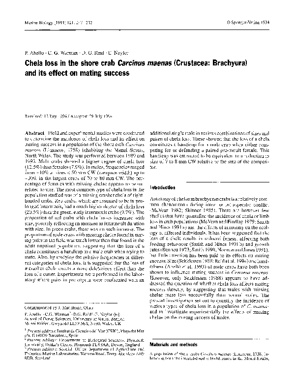 (PDF) Chela loss in the shore crab Carcinus maenas (Crustacea ...