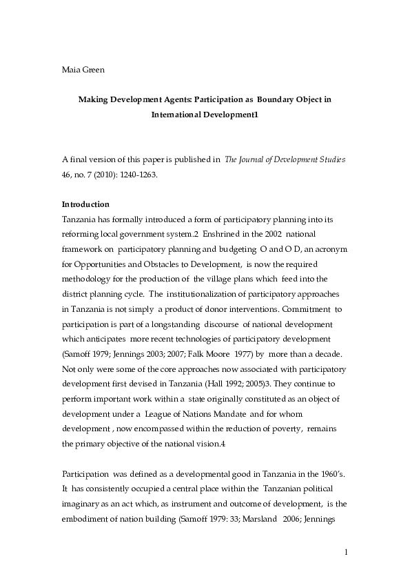 (PDF) Making Development Agents. Particpation as Boundary Object in International Development