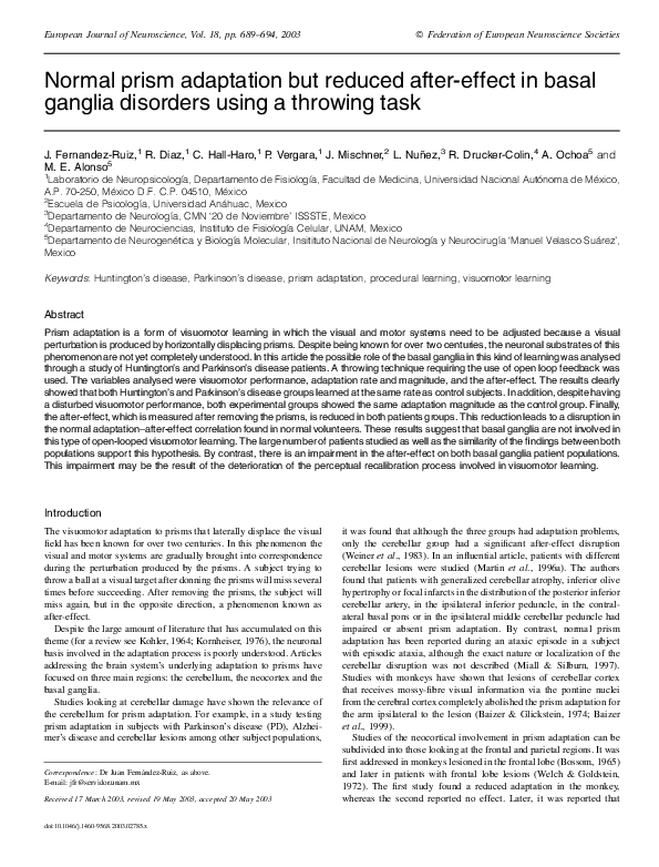 (PDF) Normal prism adaptation but reduced after-effect in basal ganglia ...