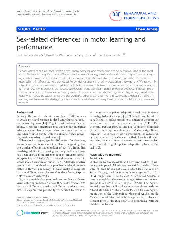Pdf Sex Related Differences In Motor Learning And Performance