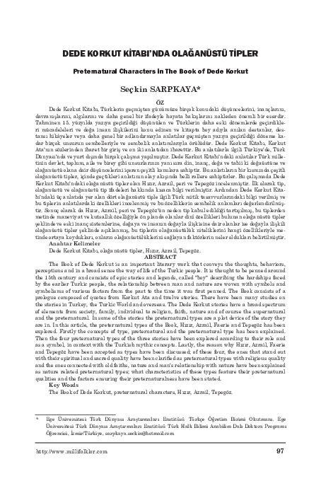 (PDF) Dede Korkut Kitabı'nda Olağanüstü Tipler / Preternatural ...