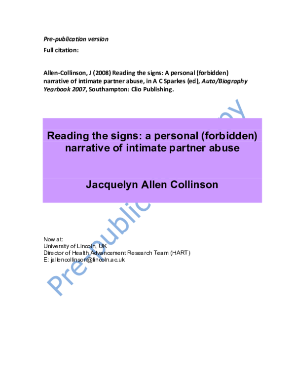 (PDF) Allen-Collinson, Jacquelyn. Reading the signs: a personal ...