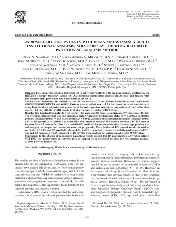 (PDF) Radiosurgery for patients with brain metastases: a multi-institutional analysis ...