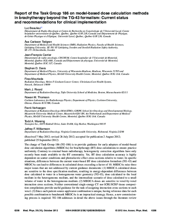 (PDF) Report of the Task Group 186 on model-based dose calculation methods in brachytherapy ...