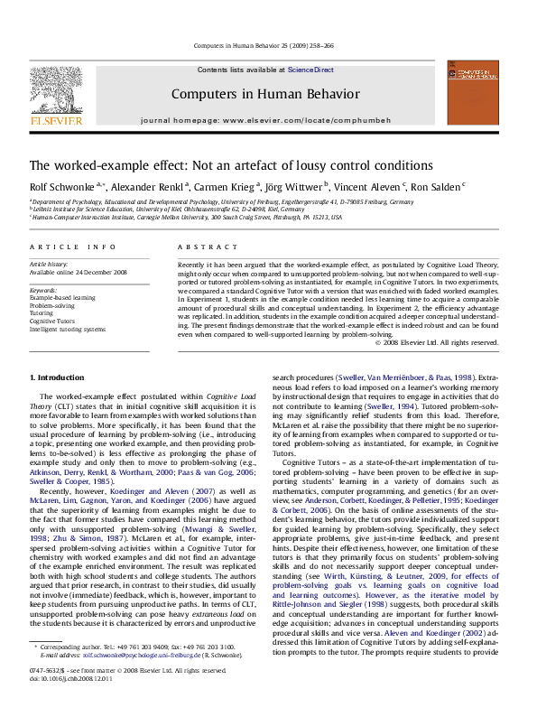 (PDF) The worked-example effect: Not an artefact of lousy control ...