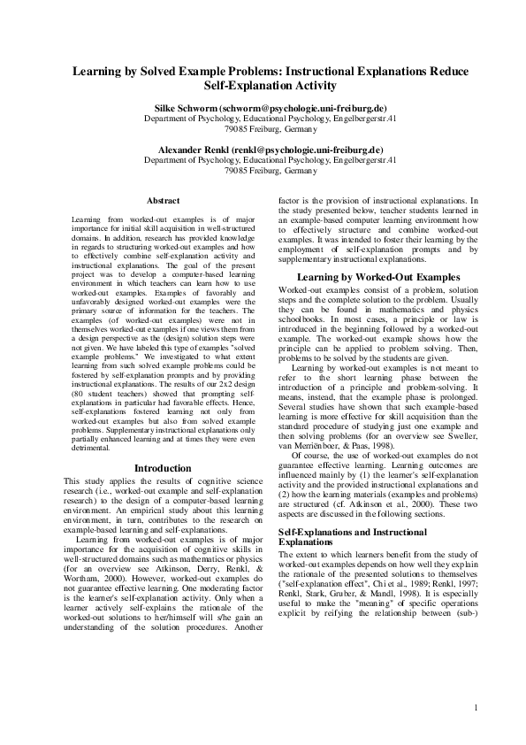 Pdf Learning By Solved Example Problems Instructional Explanations Reduce Self Explanation