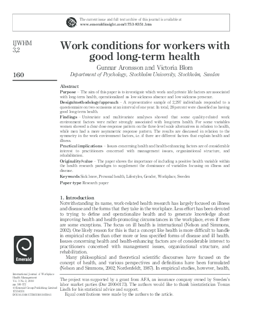 (PDF) Work conditions for workers with good long-term health