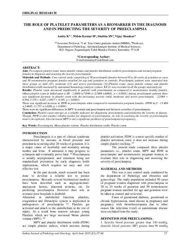 (PDF) THE ROLE OF PLATELET PARAMETERS AS A BIOMARKER IN THE DIAGNOSIS AND IN PREDICTING THE ...