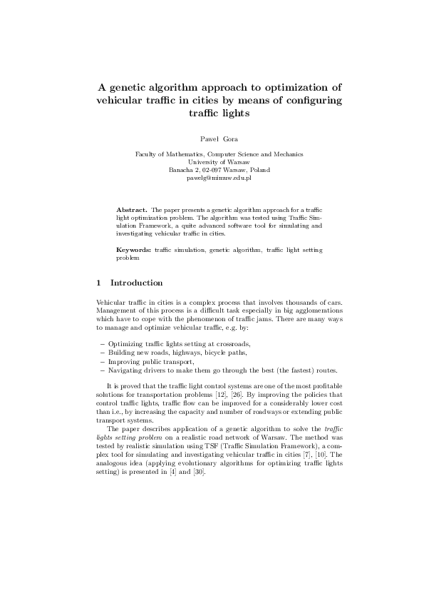 (PDF) A genetic algorithm approach to optimization of vehicular tra ffic in cities by means of ...