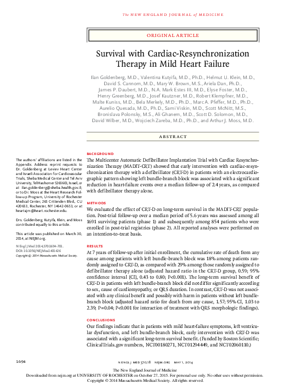 Pdf The Emerging Role Of Cardiac Resynchronization Therapy In Milder