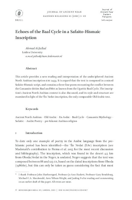 (PDF) Al-Jallad. 2015. Echoes of the Baal Cycle in a Safaito-Hismaic ...