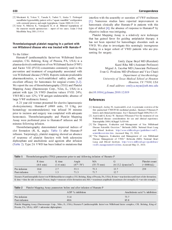 (PDF) Thrombelastograph platelet mapping in a patient with von ...