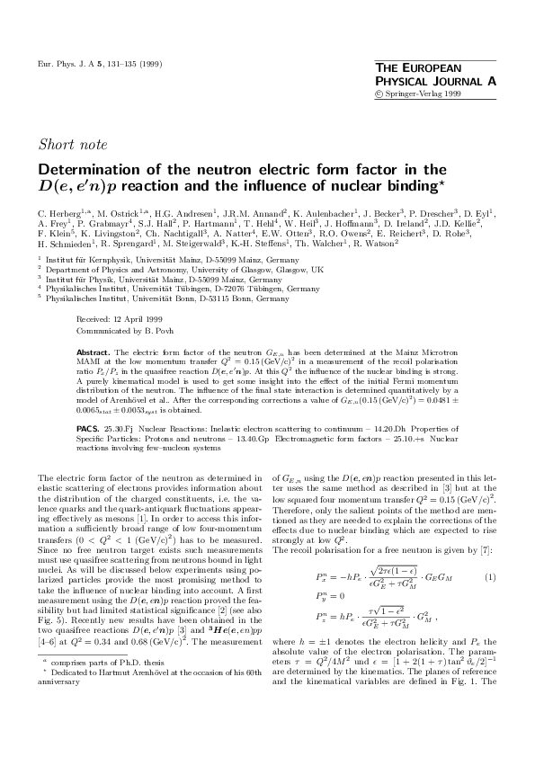 (PDF) Determination of the neutron electric form factor from the ...