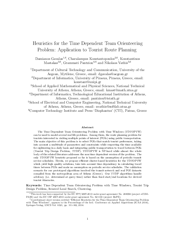 Pdf Heuristics For The Time Dependent Team Orienteering Problem Application To Tourist Route