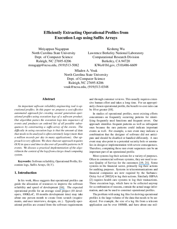 Pdf Efficiently Extracting Operational Profiles From Execution Logs Using Suffix Arrays