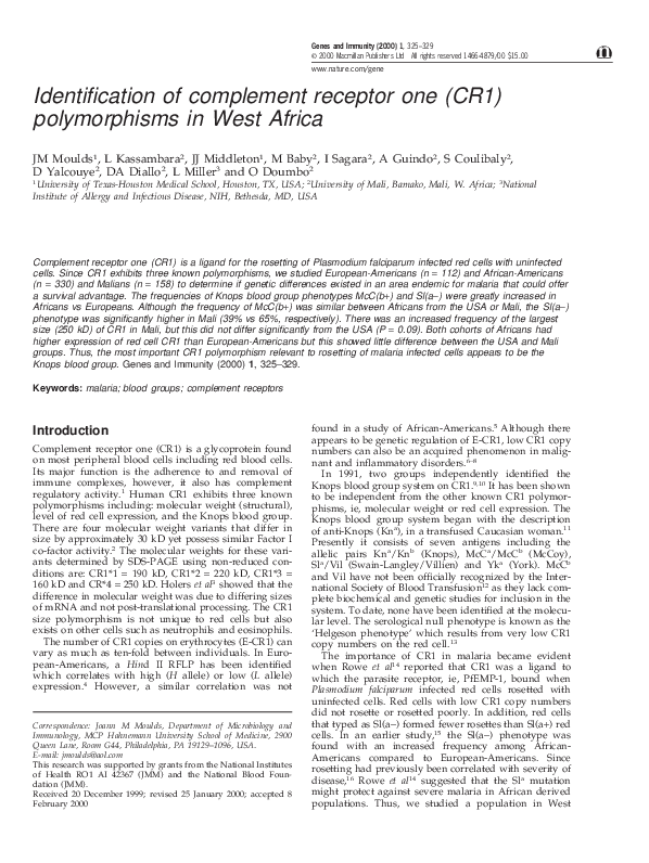 (PDF) Identification of complement receptor one (CR1) polymorphisms in ...
