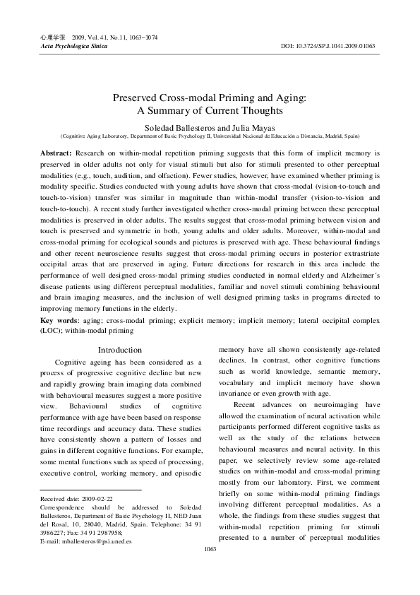 (PDF) Preserved Cross-modal Priming and Aging: A Summary of Current ...