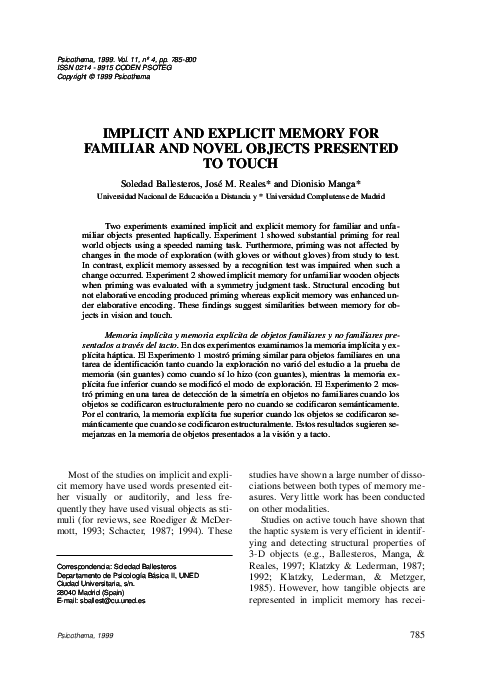 (PDF) Implicit and explicit memory for familiar and novel objects presented to touch