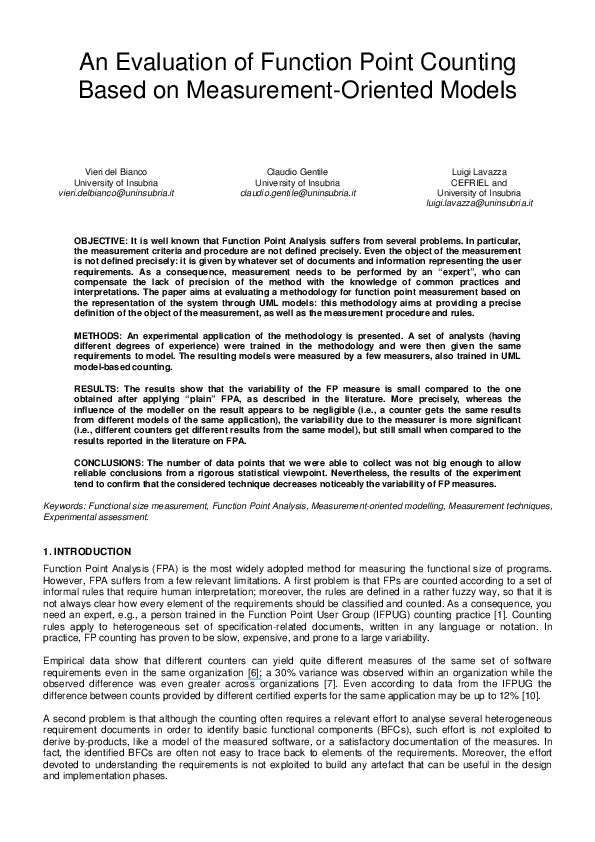 (PDF) An Evaluation of Function Point Counting Based on Measurement-Oriented Models