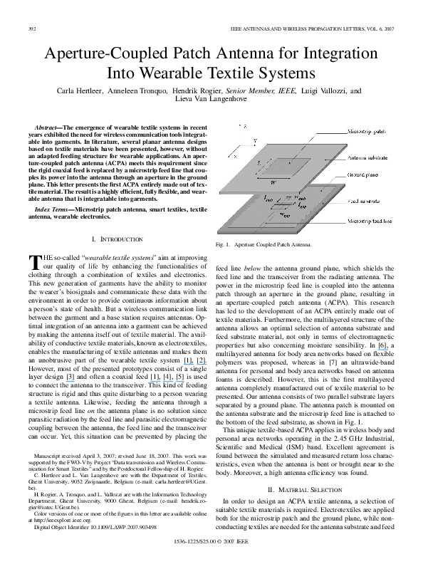 Pdf Aperture Coupled Patch Antenna For Integration Into Wearable