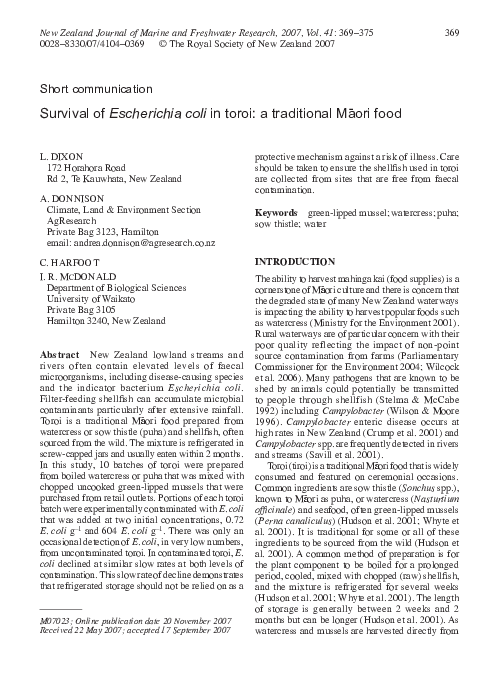 (PDF) Survival of Escherichia coli in toroi: A traditional Māori food
