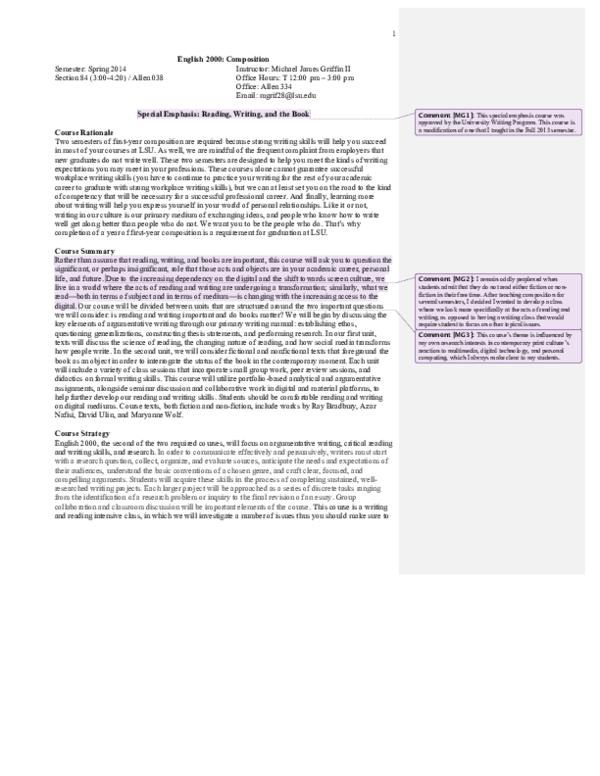 (PDF) Annotated Syllabus: Reading, Writing, and the Book