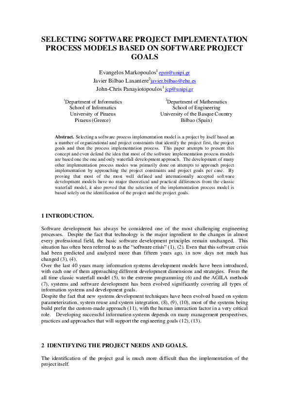 (PDF) Selecting Software Project Implementation Process Models based on ...